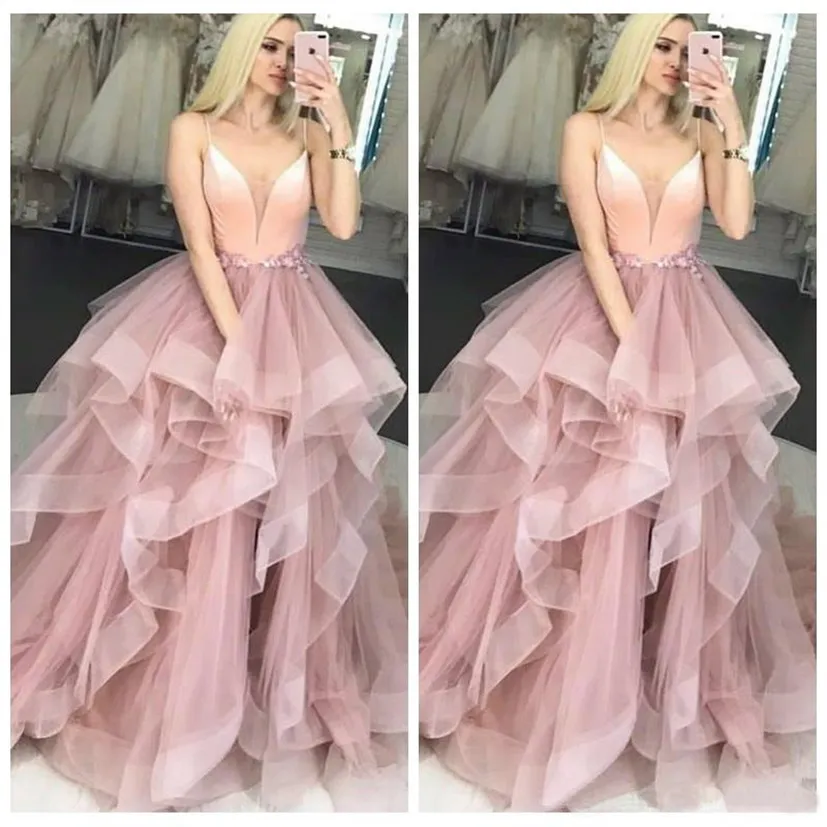 Ocn Strip Spaghetti Strap Ball Gown Prom Dresses Ruffle Tulle Sweep ...