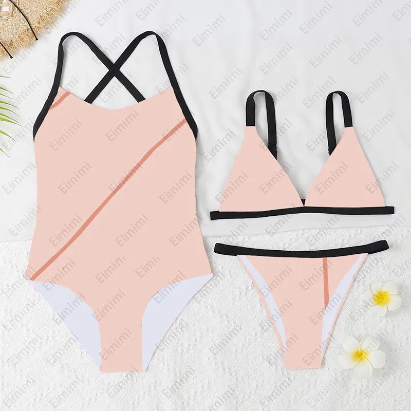 Women's Bikini Swimwear Solid Striped One-Piece Swimsuit Breathable ...