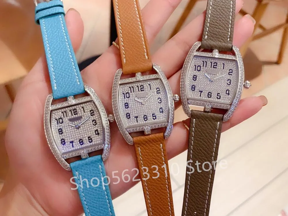 Real Leather Rhinestone Barrel Watch With Full Diamonds For Women ...
