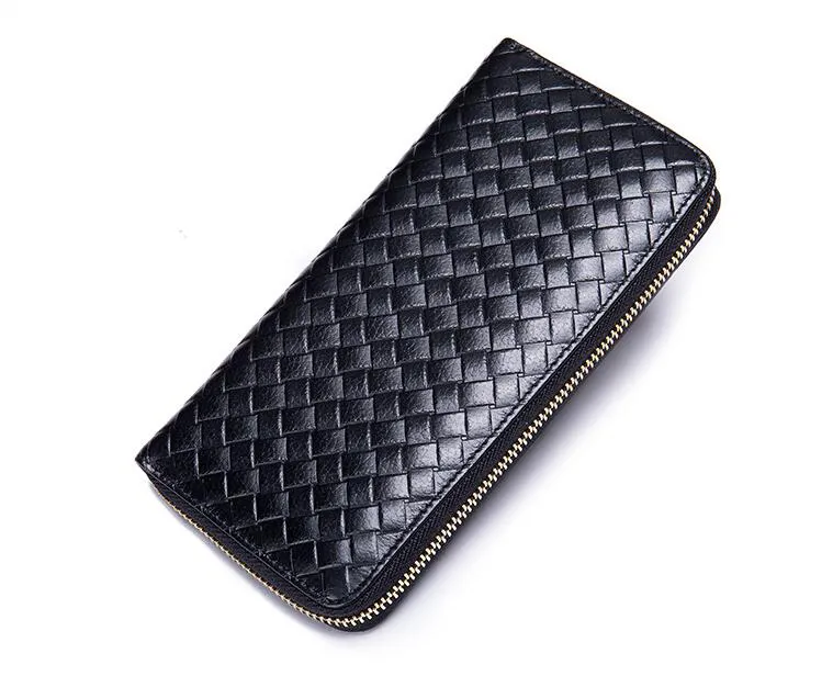 Mens Large Wallets Korean Style Woven Leather Wallet Long Billfold ...