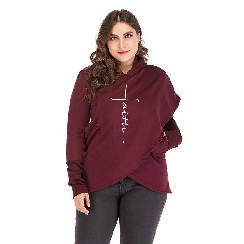 Faith Print Plus Size Long Hoodie Long Sleeve Autumn/Winter Sweatshirt With Pocket, Plus Size ...