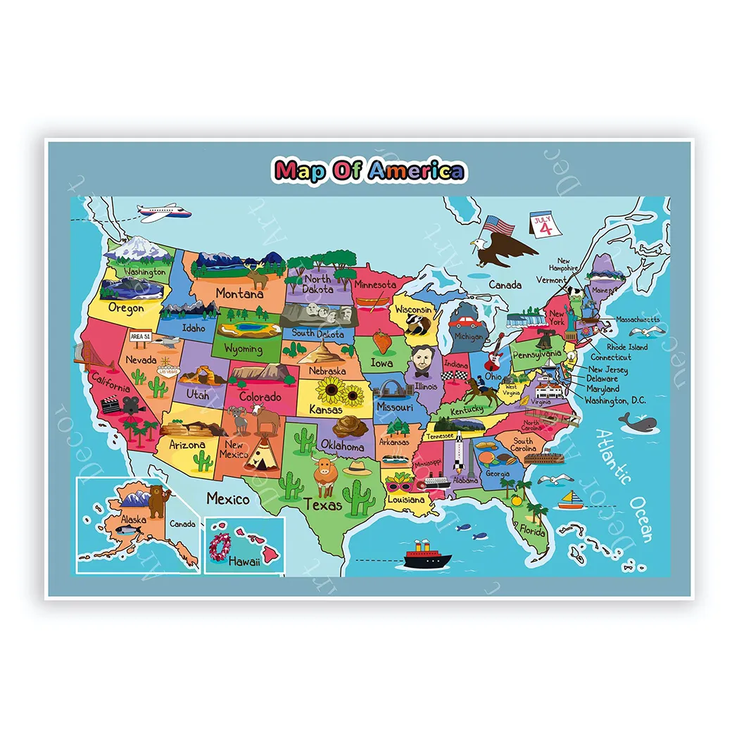 USA Map Educational Poster for Kids - 60x80cm, Laminated US Map ...