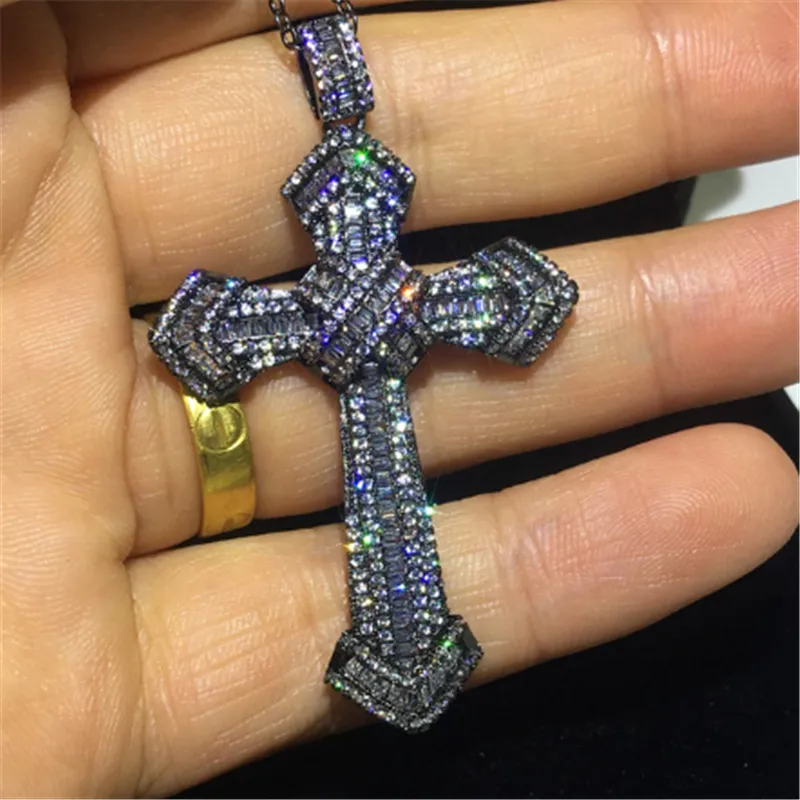 925 Sterling Silver 14K Gold Long Diamond Cross Mens Diamond Cross ...