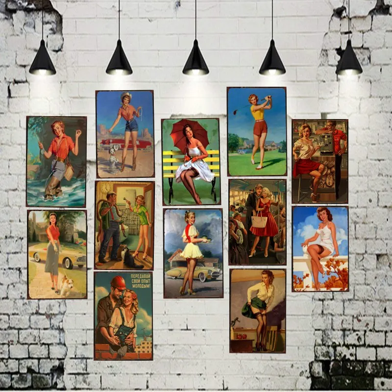 Vintage Pin Up Girl Tin Sign Shabby Chic Wall Decor For Living Room ...
