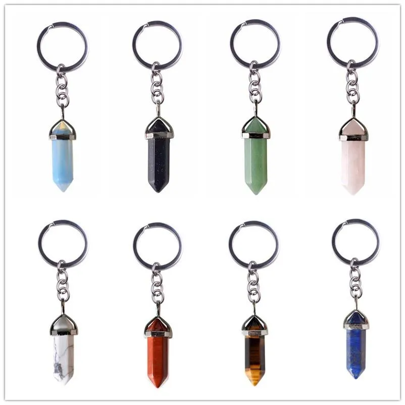 Natural Stone Hexagonal Prism Keychain With Amethyst And Pink Crystal ...