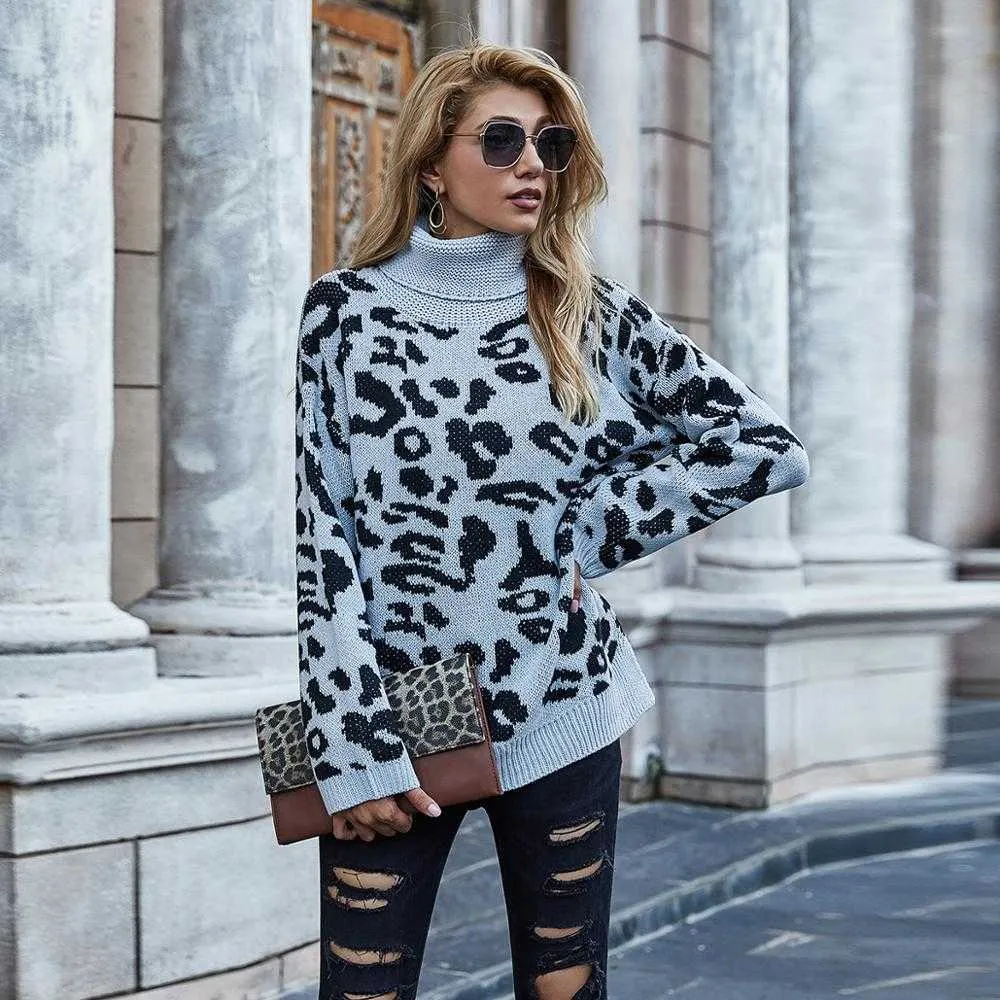 Animal Print Turtleneck Sweater for Women: Leopard Crochet Long Sleeve ...