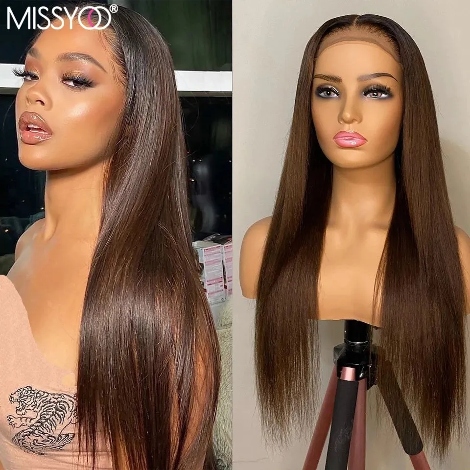 Long Brown Straight Lace Front Wig: Silky Soft Human Hair, Pre-Plucked ...