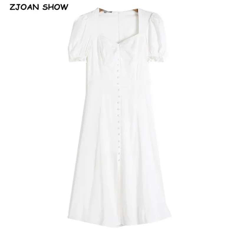 White Viscose Square Collar Short Sleeve Midi Dress for Women with ...