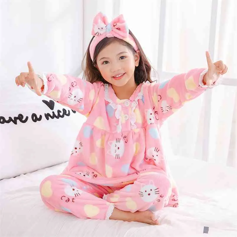 BIG Girl Wear Autumn Winter Long Sleeve Warm Flannel Pajamas Set Cute Print Sleepwear Send Hair Band Christmas Gift 210915 From 10 19 DHgate