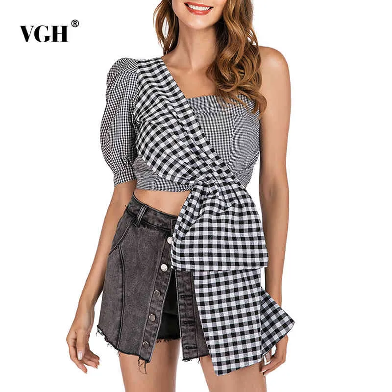 VGH Plaid Shirts for Women, Skew Collar, Half Sleeve, One Shoulder ...