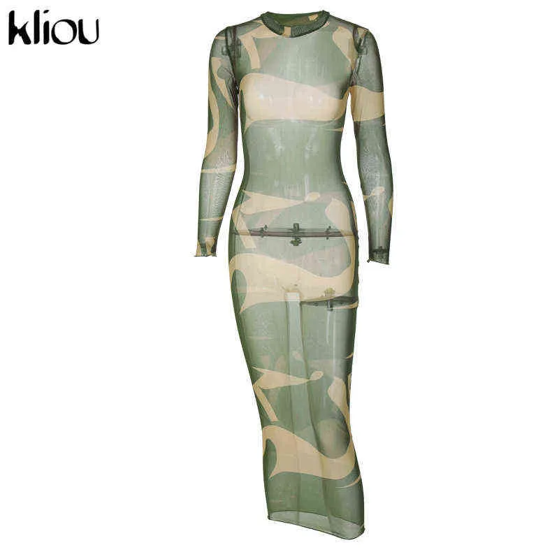 Kliou See Through Mesh Maxi Dress Women Popular Sexy Print Slim