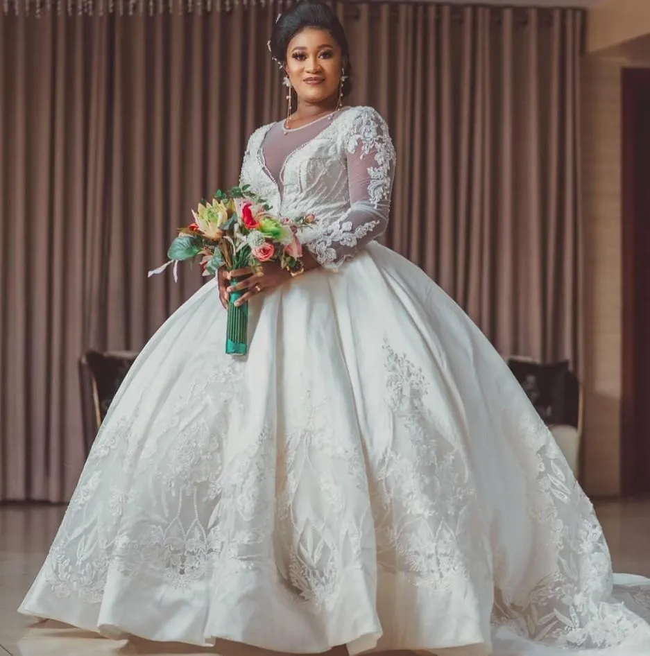 Elegant Arabic Aso Ebi Lace Wedding Gowns Sheer Jewel Neck Long Sleeves ...