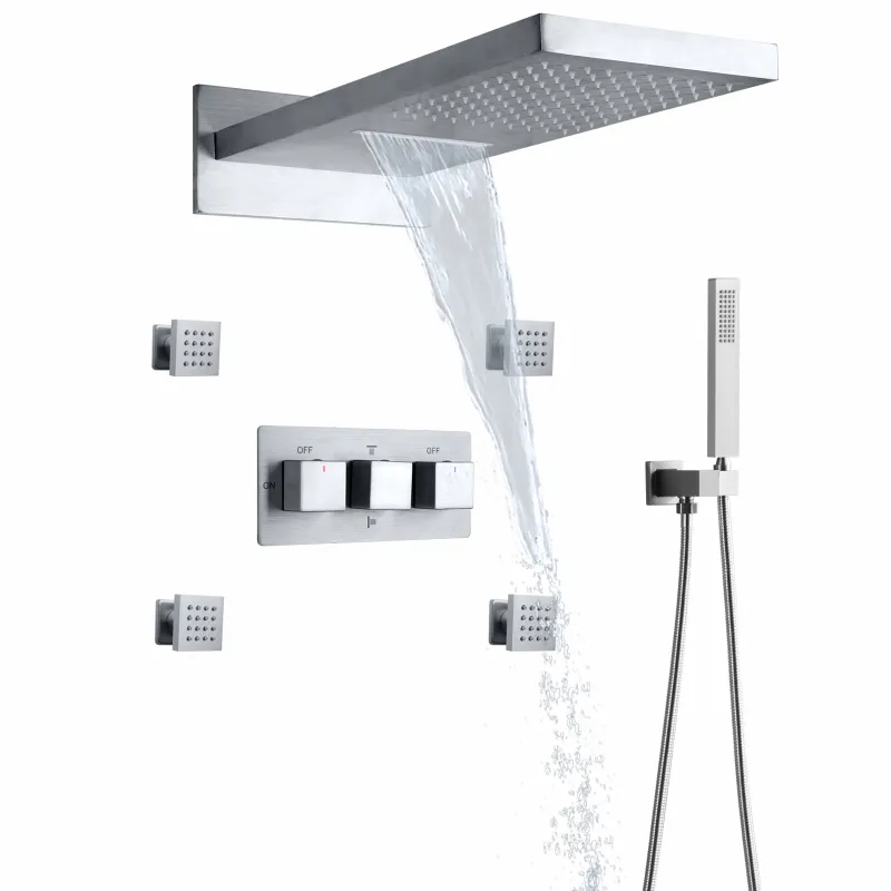 Brushed Nickel Rainfall Waterfall Shower System - 20x10 Inch Hot & Cold ...