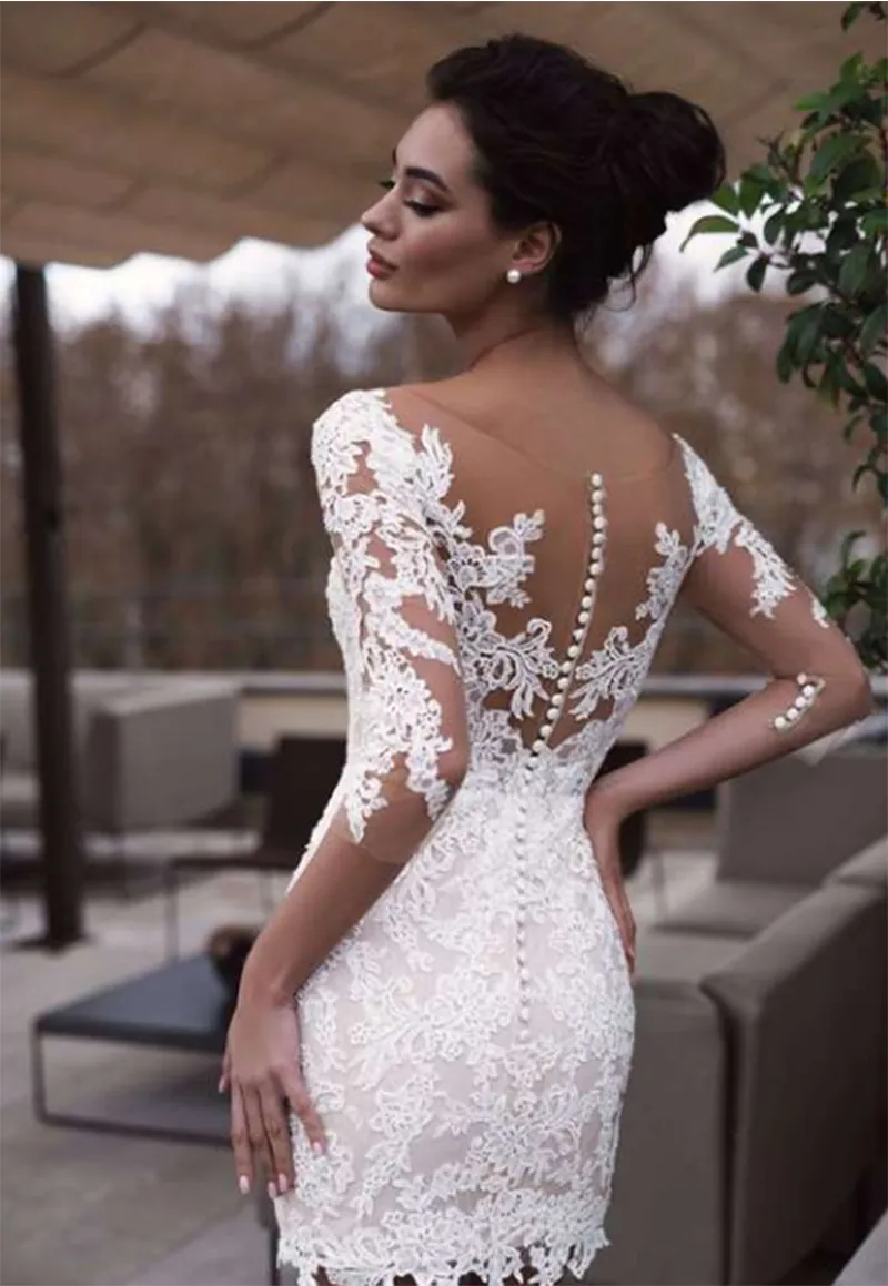 Sexy Mini Wedding Dress - Illusion Neckline, Half Sleeves, Short Bridal ...