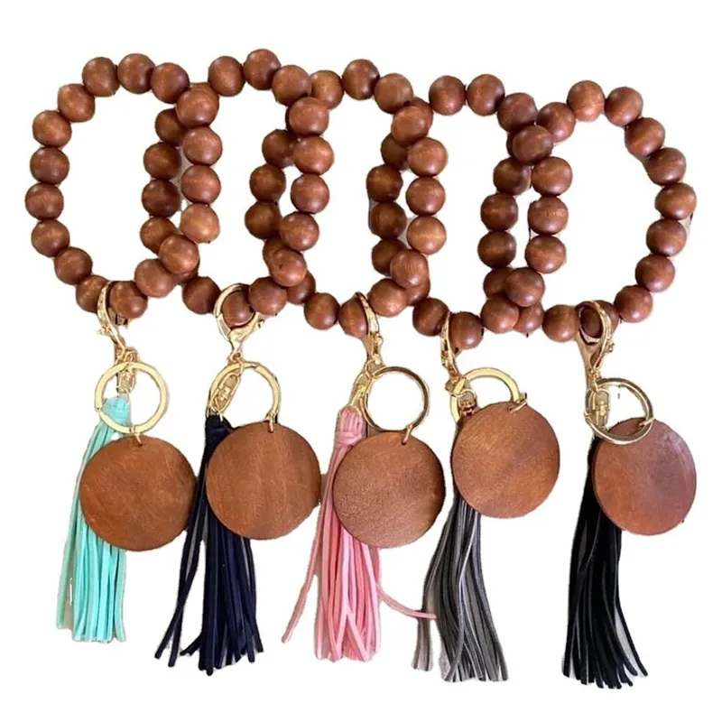 DIY Wooden Beaded Leather Tassel Keychains Fashion Wrist Bracelet ...