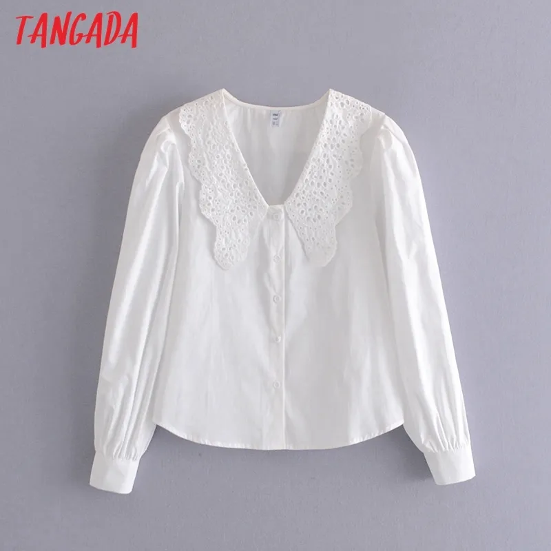 Retro White Statement Collar Blouse: Chic Long Sleeve Top for Women ...