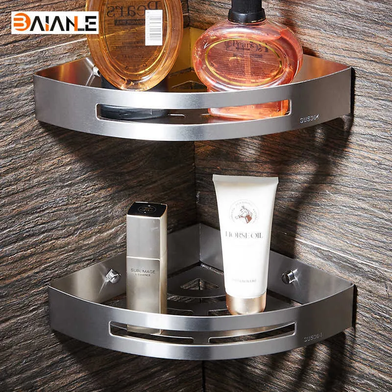 Stainless Steel Metal Bathroom Floor Shelf Corner Shelf Brushed Nickel ...