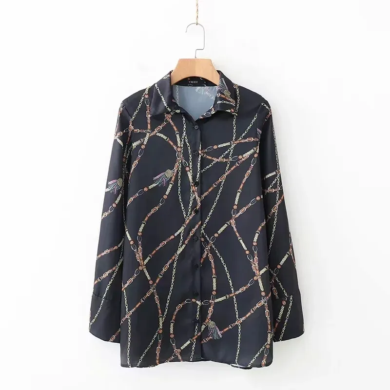 Chic Chain Print Turn-Down Collar Women's Blouse, Casual Long Sleeve ...