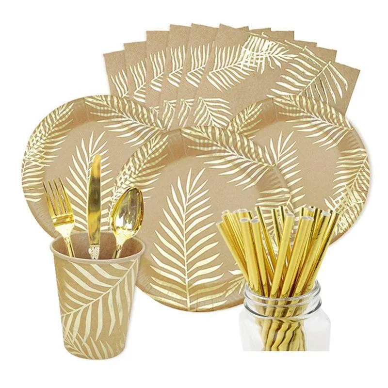 Bronzed Palm Disposable Partyware Set - Elegant Paper Plates, Cups ...
