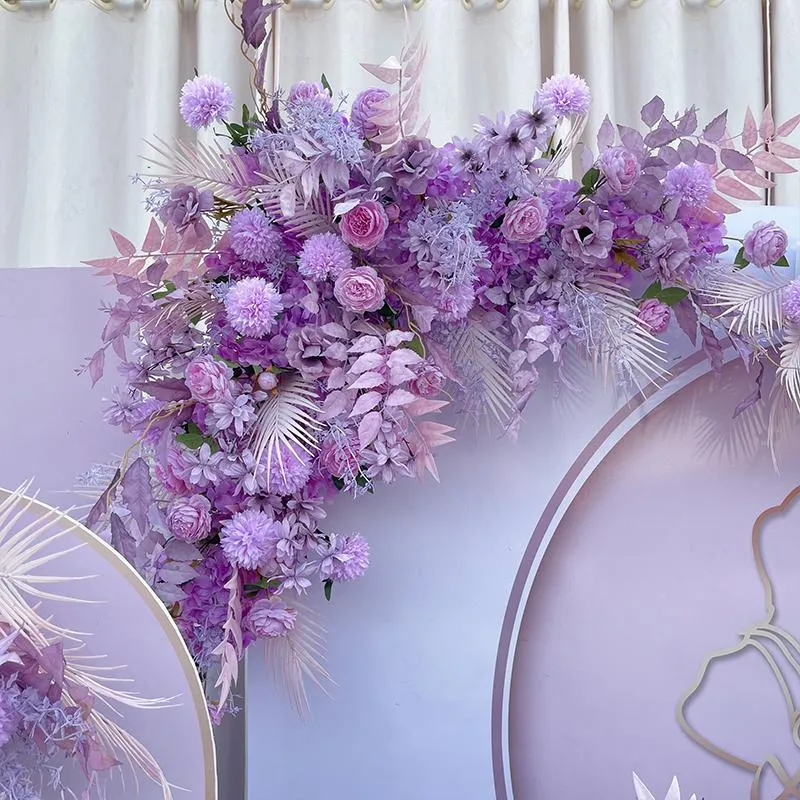 Decorative Flowers Wreaths Purple Artificial Flower Arrangement Wedding Catwalk Road Lead Table Backdrop Layout Party Wall Decoration