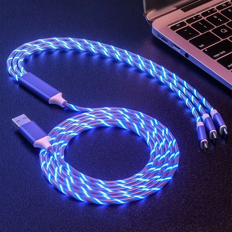 3 In 1 Fast Charger Cable With Flowing LED Light, Type C/Micro USB ...
