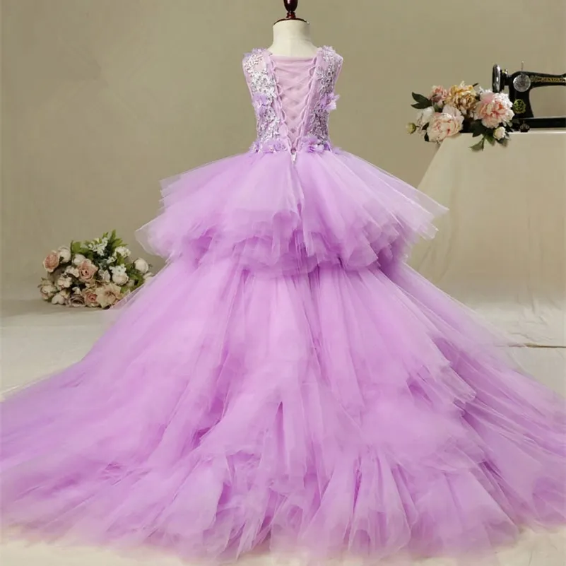 Purple Tulle Ball Gown With Appliques Elegant Long Trailing Tiered ...