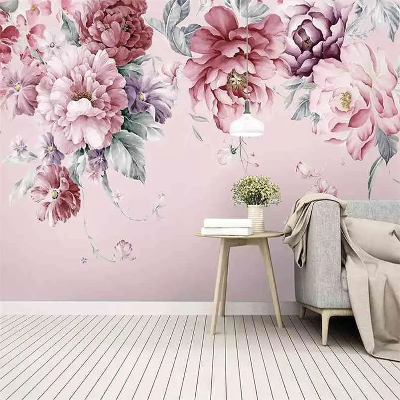 Custom Mural Wallpaper Hand Painted Pastoral Flowers For Living Room ...