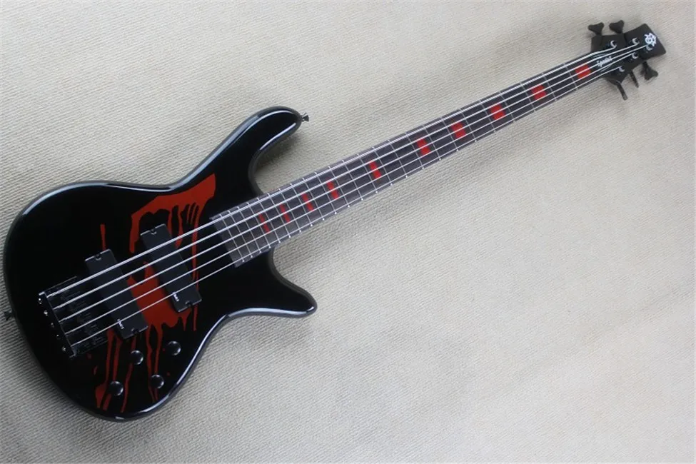 5 String Bass Black Body Electric Bass Guitar With Red Block Inlay And ...