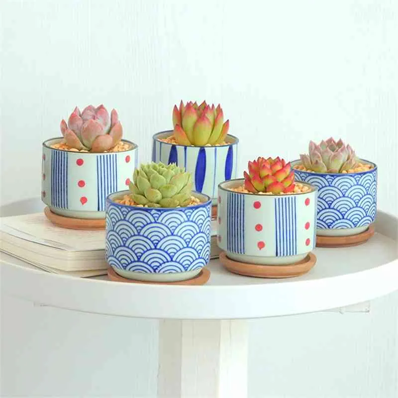 Ceramic Bonsai Flower Pot Set with Bamboo Tray for Succulent Plants ...