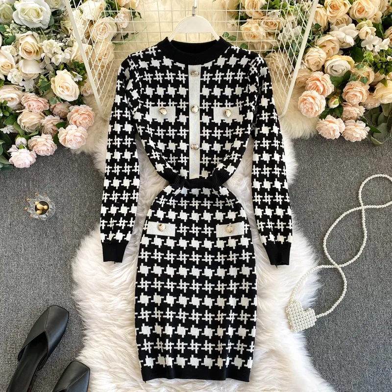 DHgate.com:Autumn Plaid Pencil Dress - Women's O-Neck Long Sleeve Knit ...