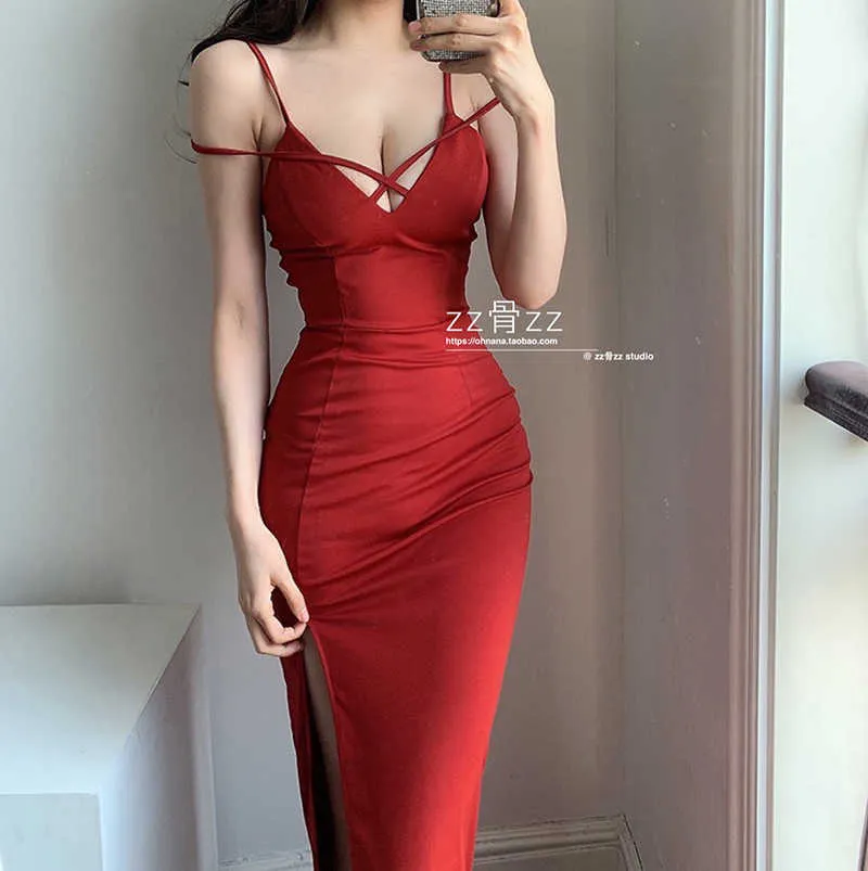 8i87 Korean Red Slim Fit Tank Dress Side Split Deep From Bai02 16