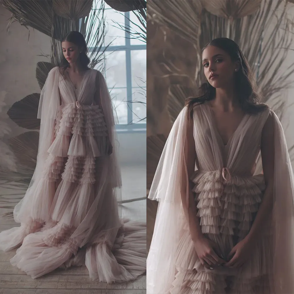 Elegant Tulle Maternity Gown: Sheer Ruffled Robe for Photoshoots ...