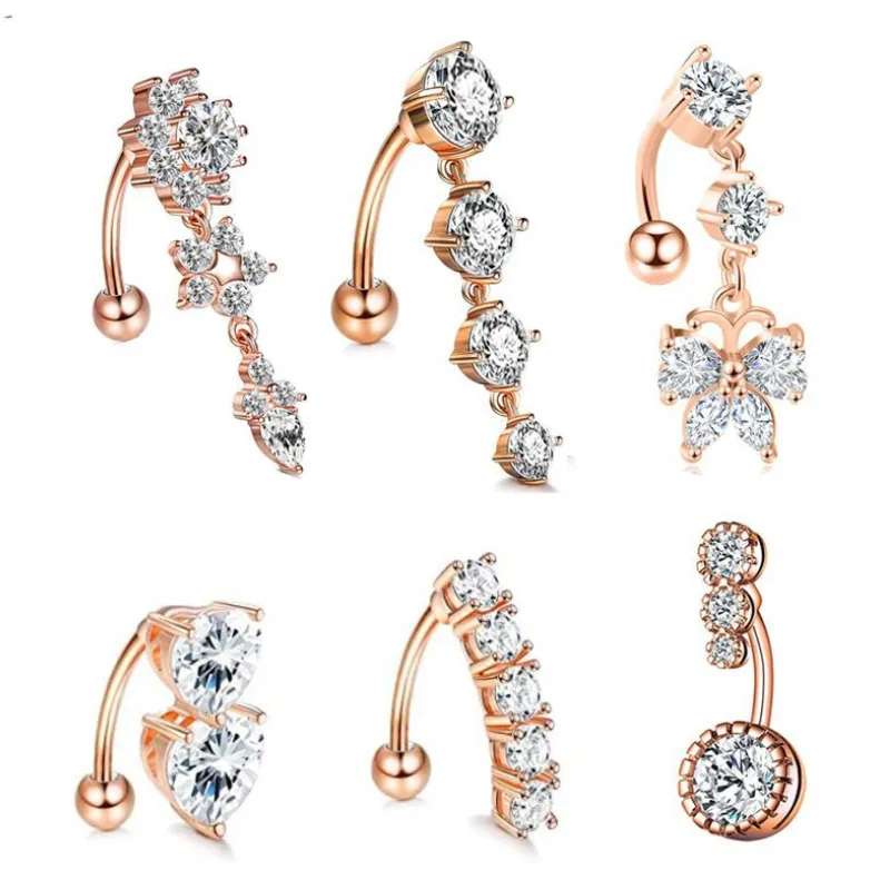 DHgate.com:6-Piece CZ Navel Piercing Kit: Heart & Flower Dangle Belly ...