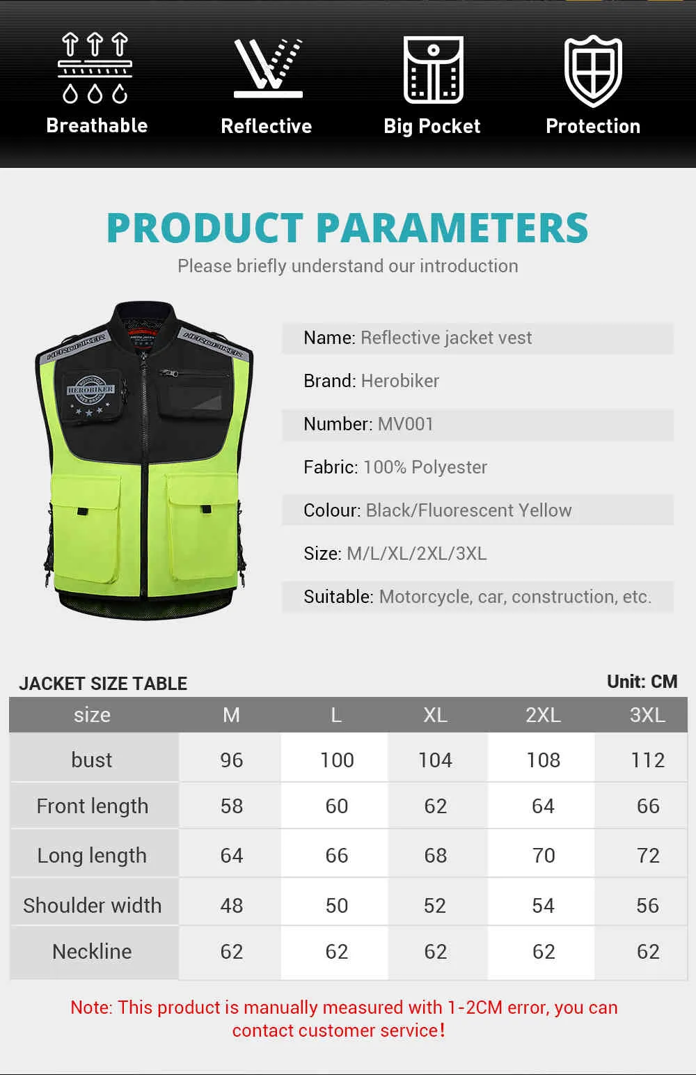 HEROBIKER Reflective Motorcycle Jacket Vest - High Visibility Safety ...