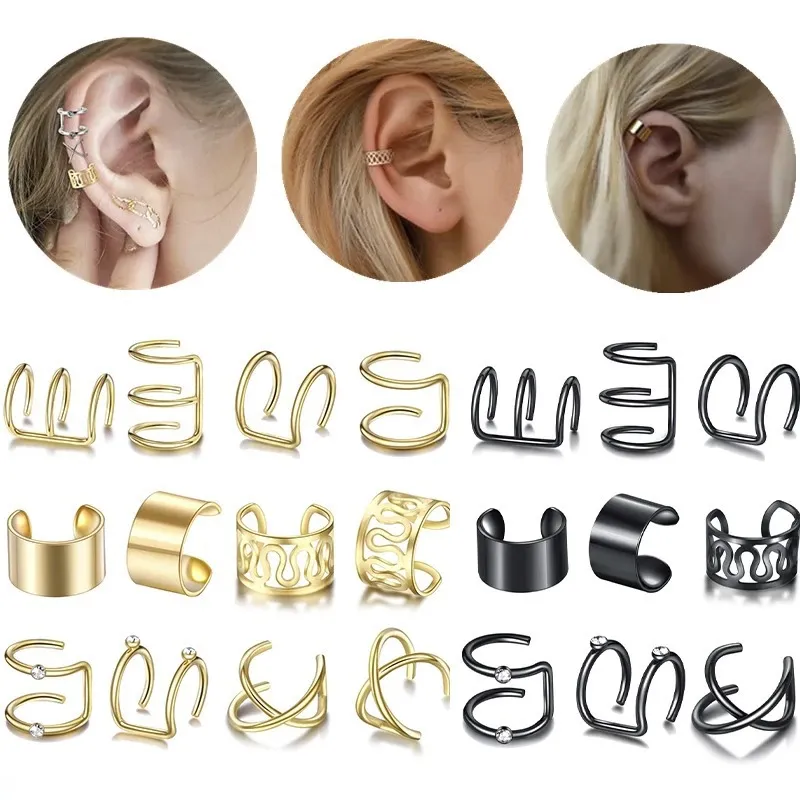 Gold Star & Leaf Ear Cuff Set - Non-Piercing Clip On Earrings for Women ...