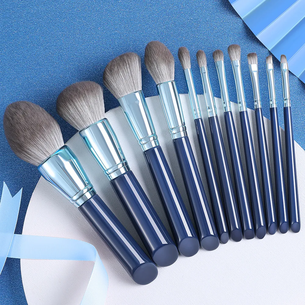 Luxury Custom Logo Blue Makeup Brushes Set Super Soft Vegan Cosmetics ...