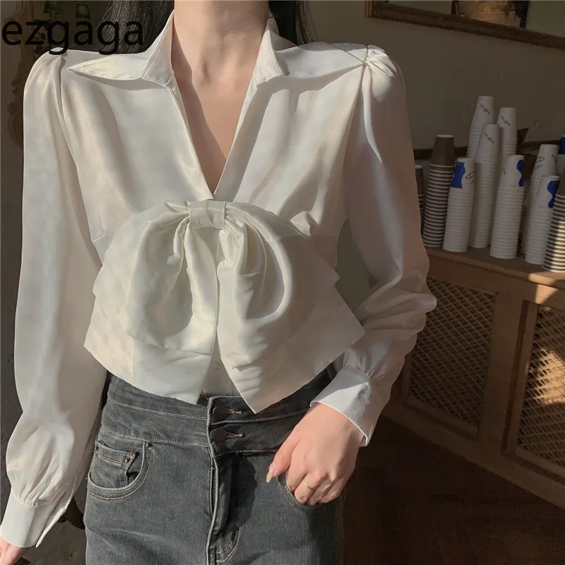 Ezgaga Women's White V-Neck Long Sleeve Polyester Broadcloth Shirt for ...