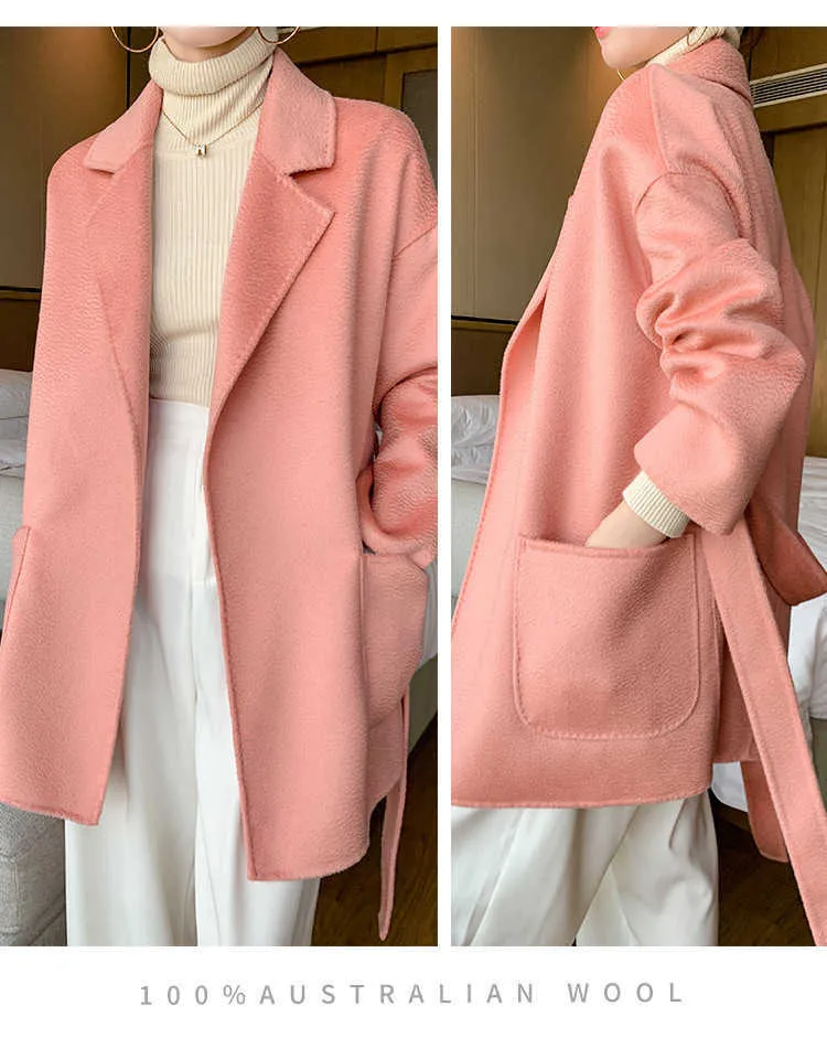 Korean Style Water Ripple Cashmere Belted Wool Coat For Women Loose Fit ...