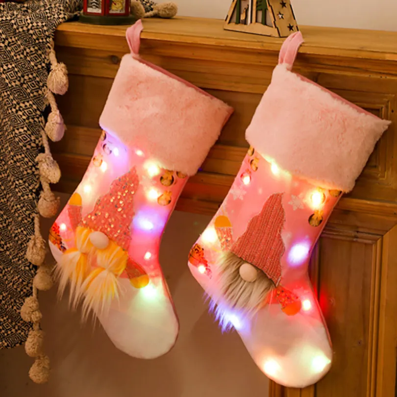 LED Light Up Christmas Stocking Gift Pink Duffle Bag With Xmas Tree ...