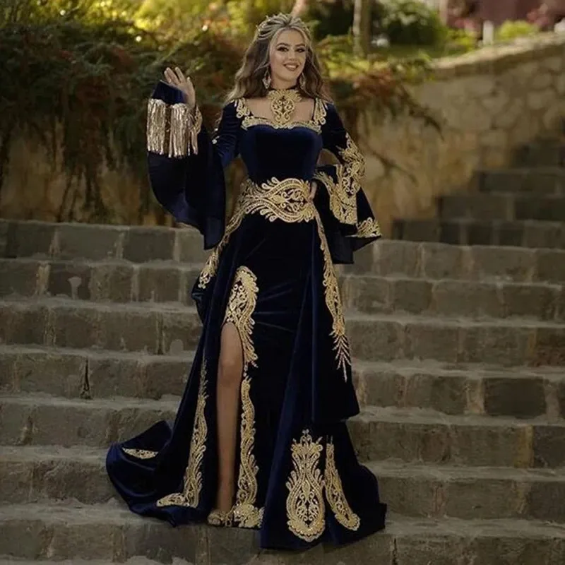 Navy Blue Velvet Kaftan Evening Dress - Detachable Skirt, Long Sleeve ...