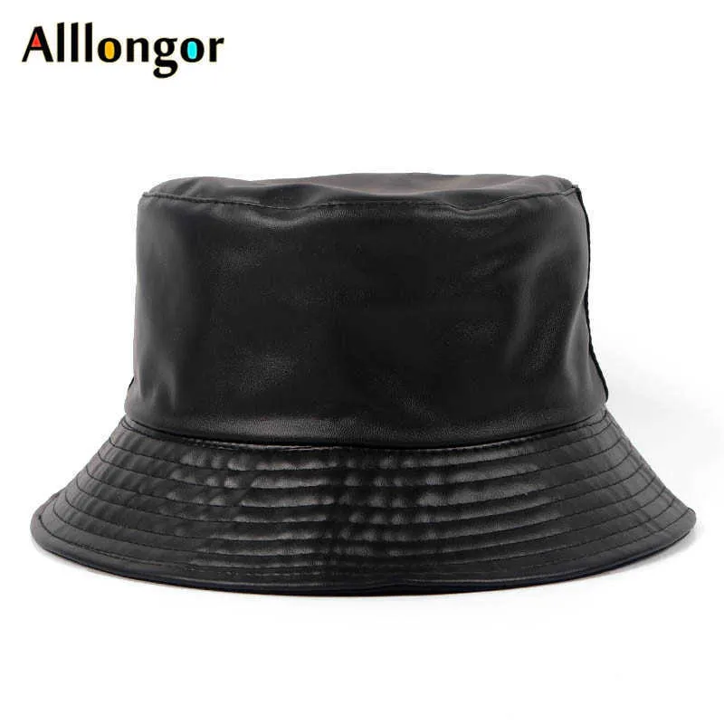 Reversible Black Leather Fisherman Hat - Stylish & Foldable Bucket Cap ...