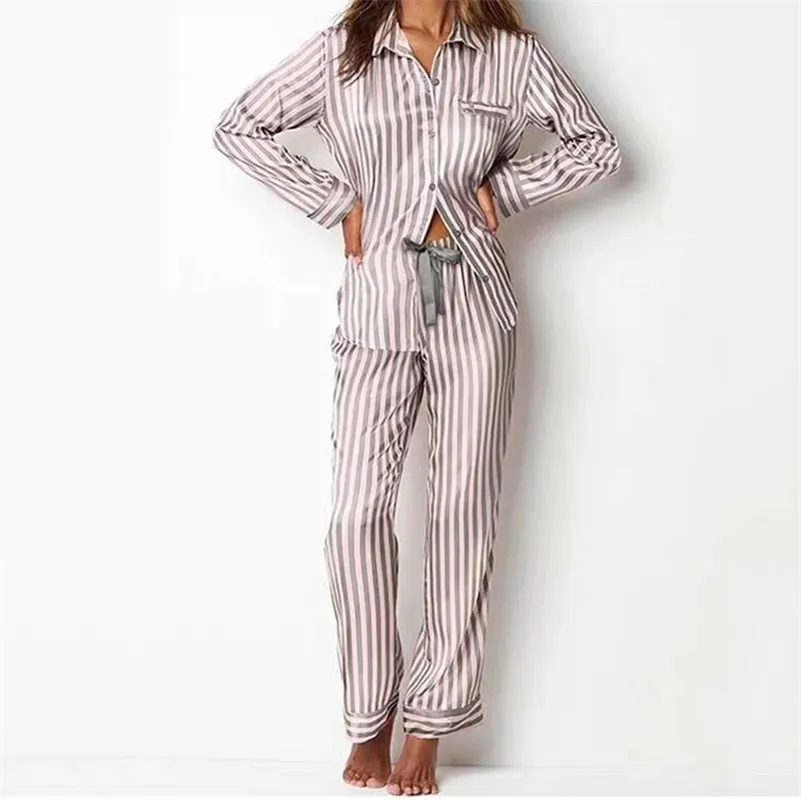 Long Sleeved Satin Pajamas Set for Women Striped Full-Length Sleepwear ...
