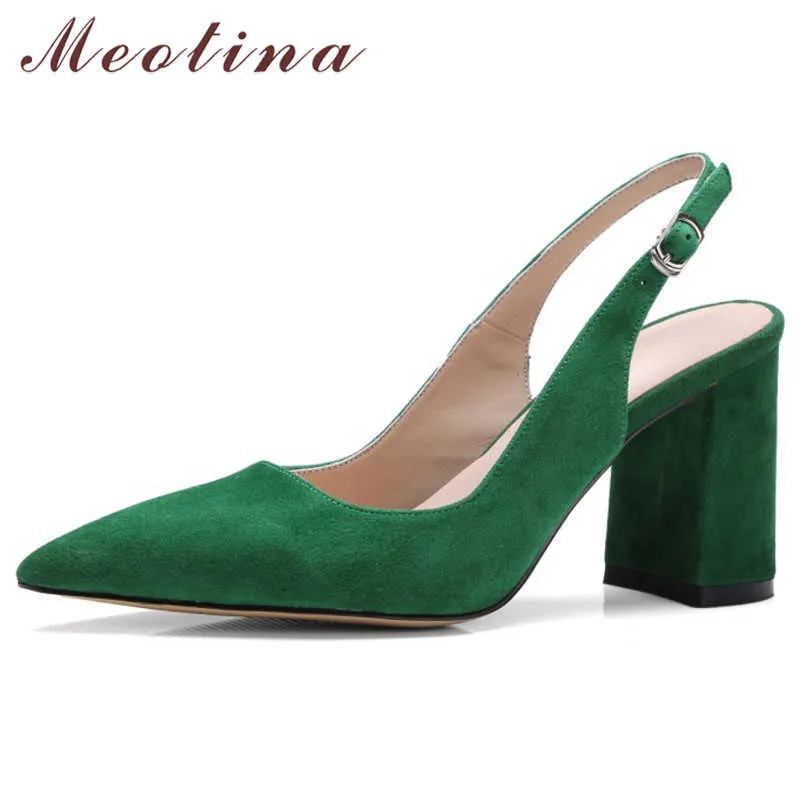Meotina Leather Slingback Heeled Shoes Women Wedge Pumps Buckle Strap ...
