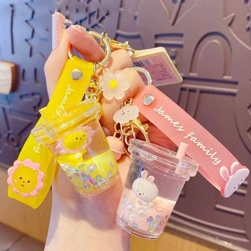 Cartoon Family Rabbit Milk Tea Cup Liquid Bubble Tea Keychain Cute ...