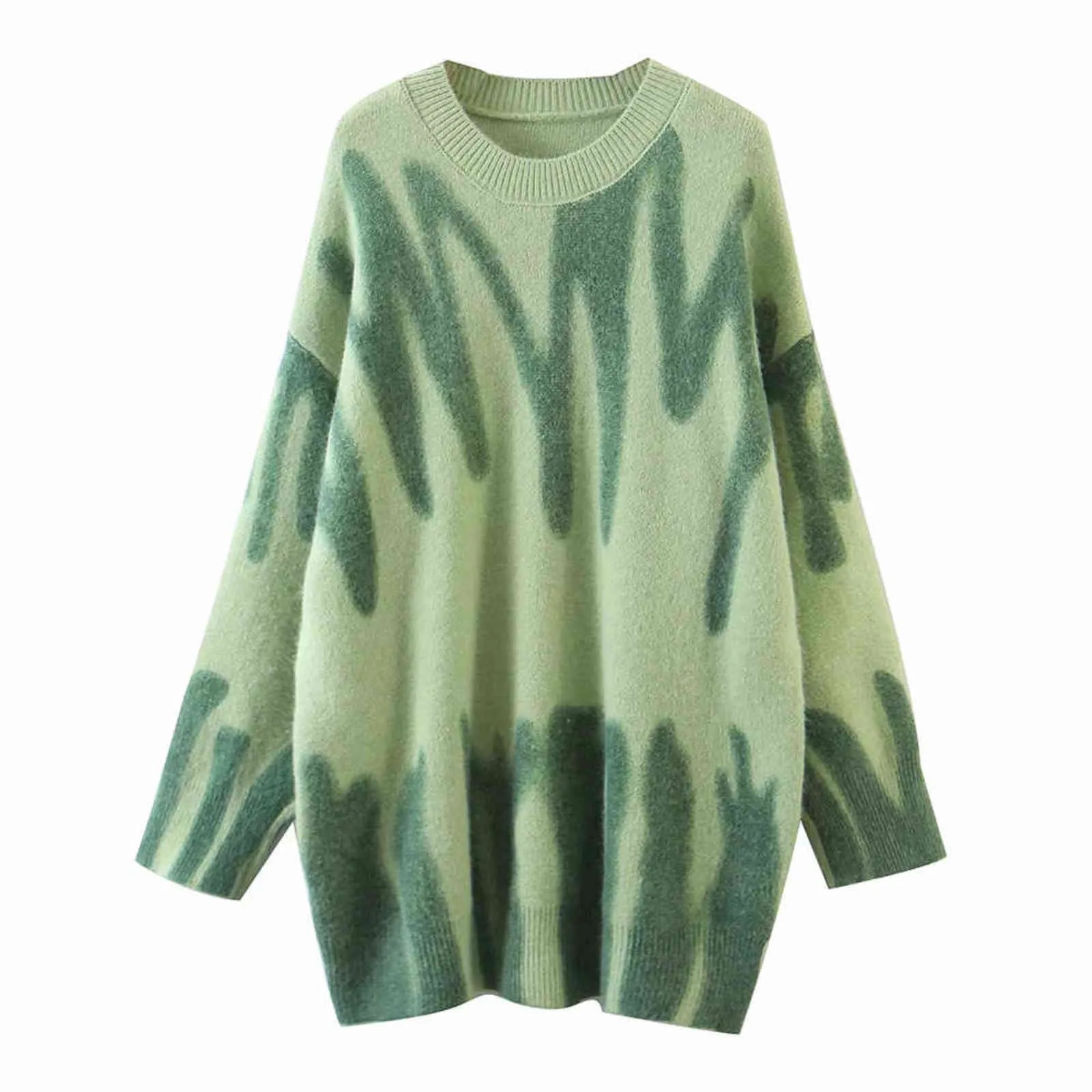 Green Striped Oversized Pullover Elegant O Neck Loose Long Sweater For ...