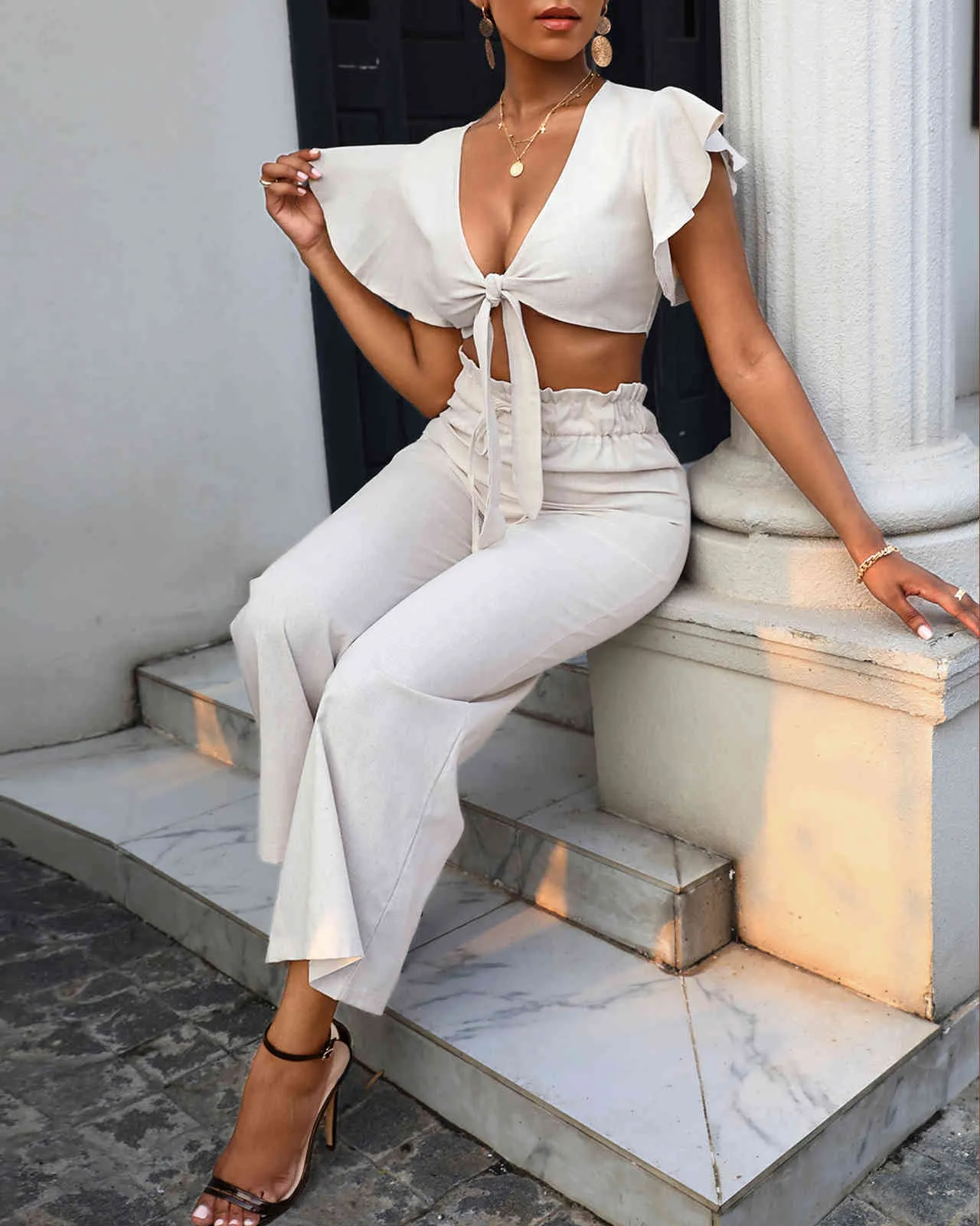 Spring/Summer Lace Top and Pants Set for Women with Mid-Calf Pants and ...