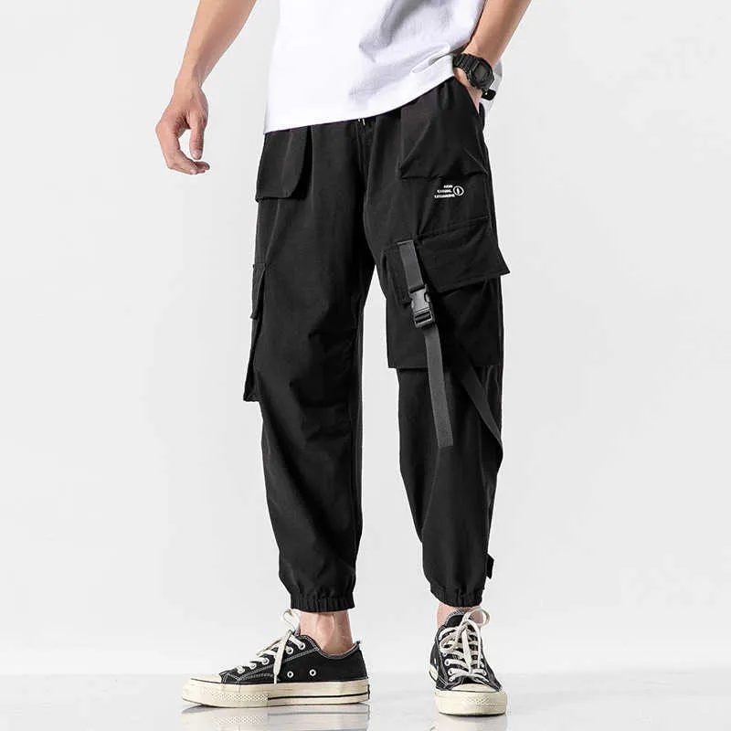 Mens Black Harem Joggers With Multi Pocket Ribbons 2020 Spring Hip Hop