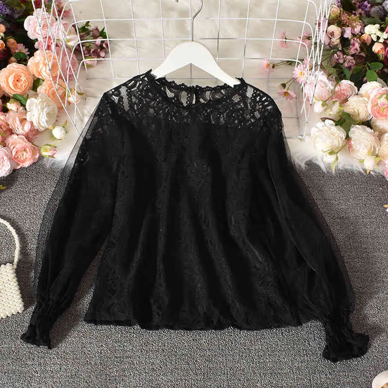 New Women Mesh Sheer Blouse See Through Lantern Long Sleeve Blouse ...