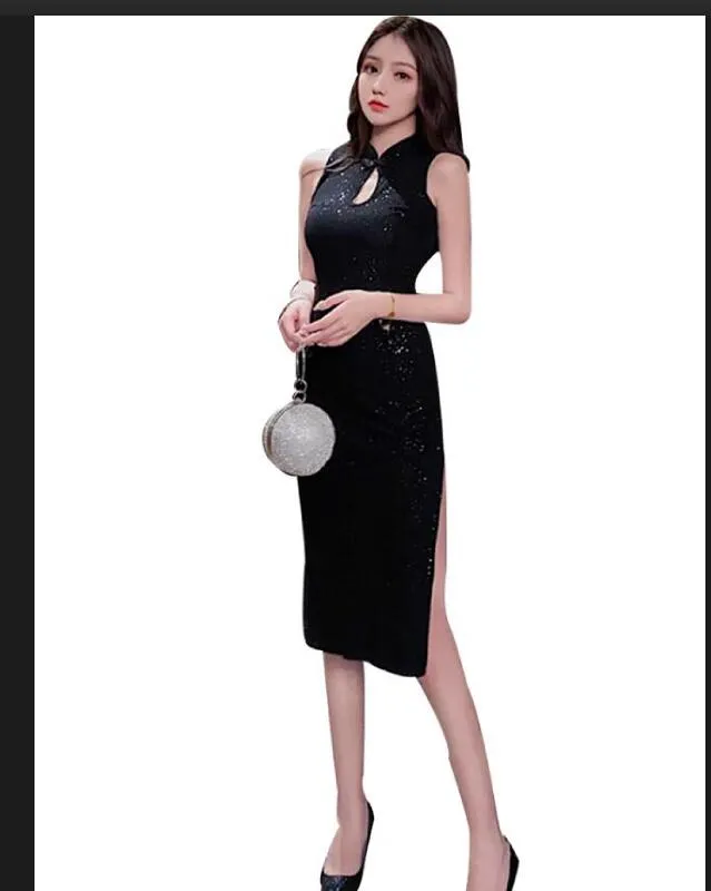 DHgate.com:Black Satin Cheongsam Dress, Sexy Sleeveless Split Front ...