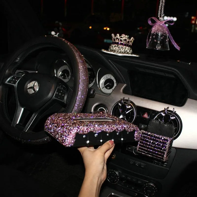 Noble Purple Diamond Car Accessories for Women Crystal Pendant Ornaments Leather Steering Wheel Cover Tissue Box